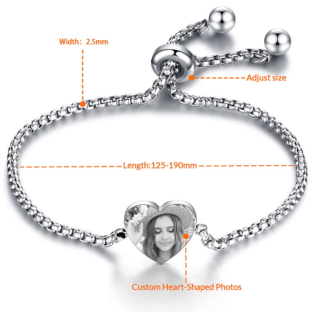 AIPNIS Personalized Custom Photo Text Stainless Steel Adjustable Bracelet Carved Heart Shaped Pendant Fashion Jewelry Custom Gift for Women