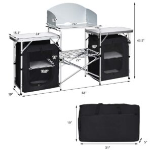 PETSITE Portable Camping Kitchen Table with Storage Organizer, Aluminum Windscreen Folding Cooking Table Camp Kitchen Equipment for BBQ, Party and Picnic, Black