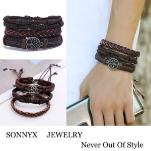 SONNYX 24 PCS Braided Leather Bracelet for Men Women Cool Woven Wrist Cuff Bracelets Hemp Cords Wooden Beads Ethnic Tribal Handmade Wrap Adjustable Wristband Bracelets