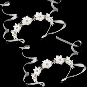 syhood 2 pieces girl elegant headband flower headpiece white flower headband with ribbon and rhinestones cute bridal wedding headband for girl party hair accessories