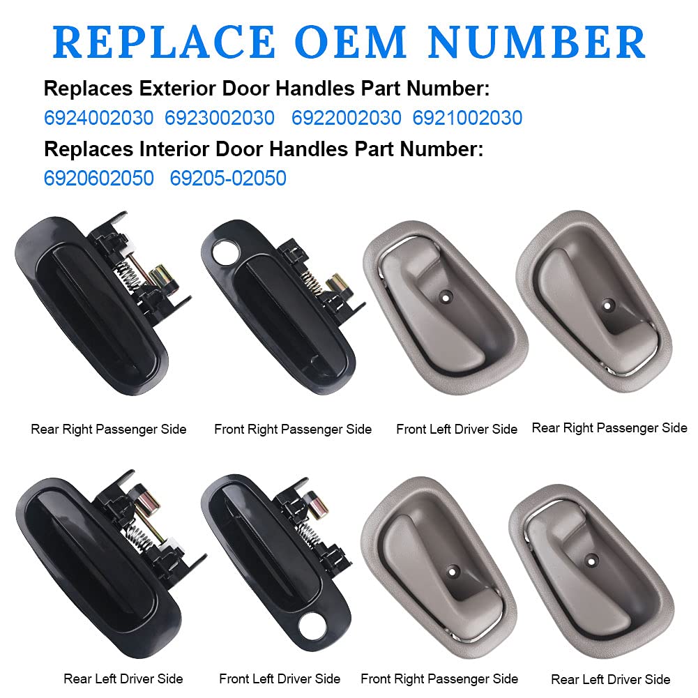 JDMON Compatible with Interior Exterior Door Handles Set Toyota Corolla Chevy Prizm 1998 1999 2000 2001 2002 Front, Rear Passenger, Driver Side Replace 6922002030,6920602050, Pack of 8 (Black & Gray)