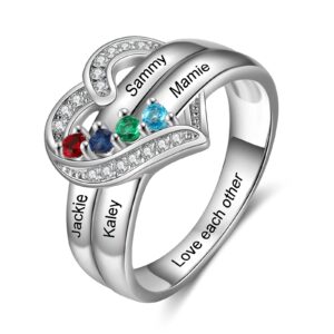 personalized mom daughter rings custom heart ring with 1-8 simulated birthstones promise ring engraved 1-8 family name ring jewelry gift for mother's day(4 stone)