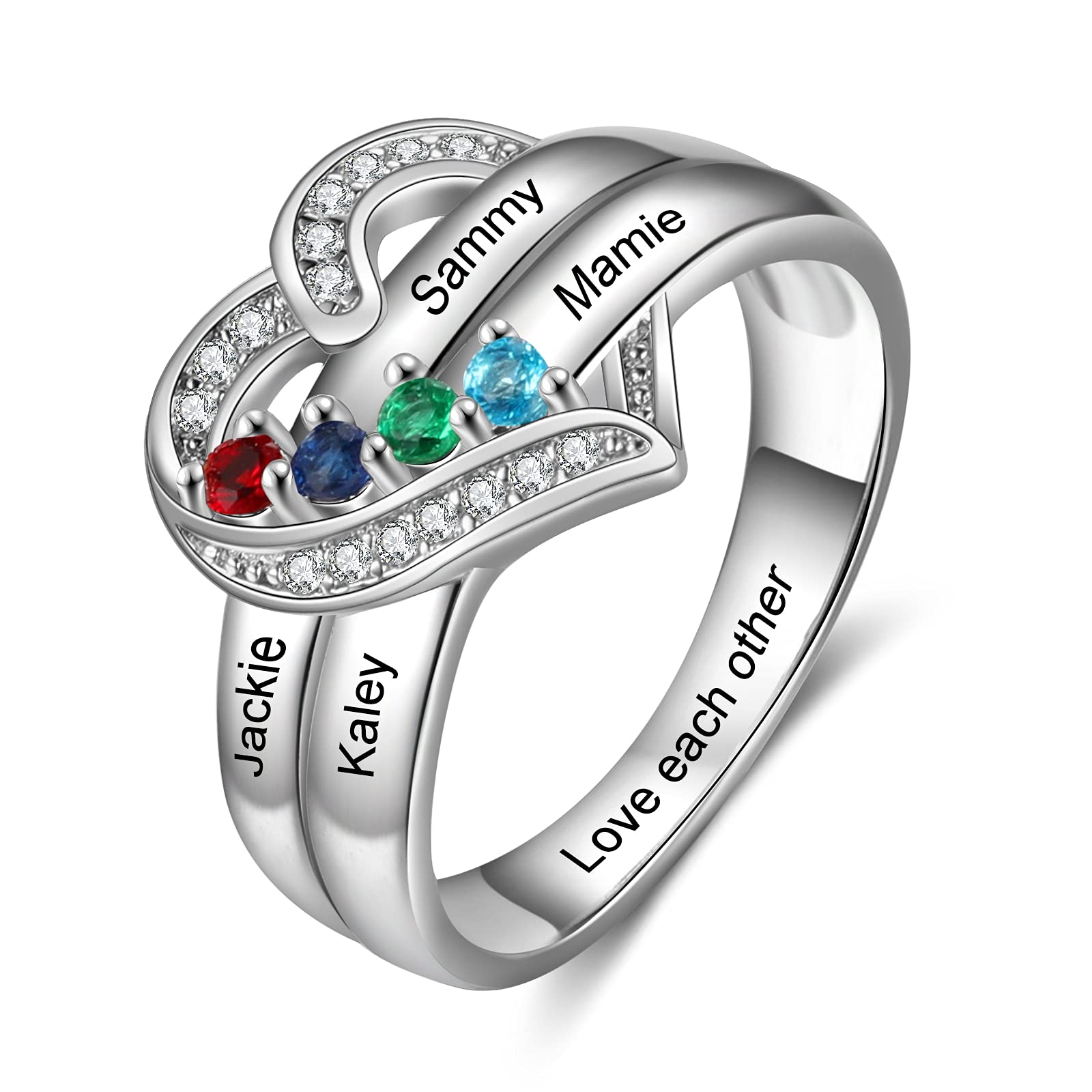 Personalized Mom Daughter Rings Custom Heart Ring with 1-8 Simulated Birthstones Promise Ring Engraved 1-8 Family Name Ring Jewelry Gift for Mother's Day(4 stone)