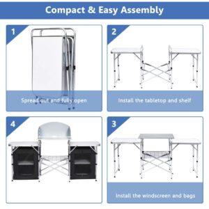 PETSITE Portable Camping Kitchen Table with Storage Organizer, Aluminum Windscreen Folding Cooking Table Camp Kitchen Equipment for BBQ, Party and Picnic, Black