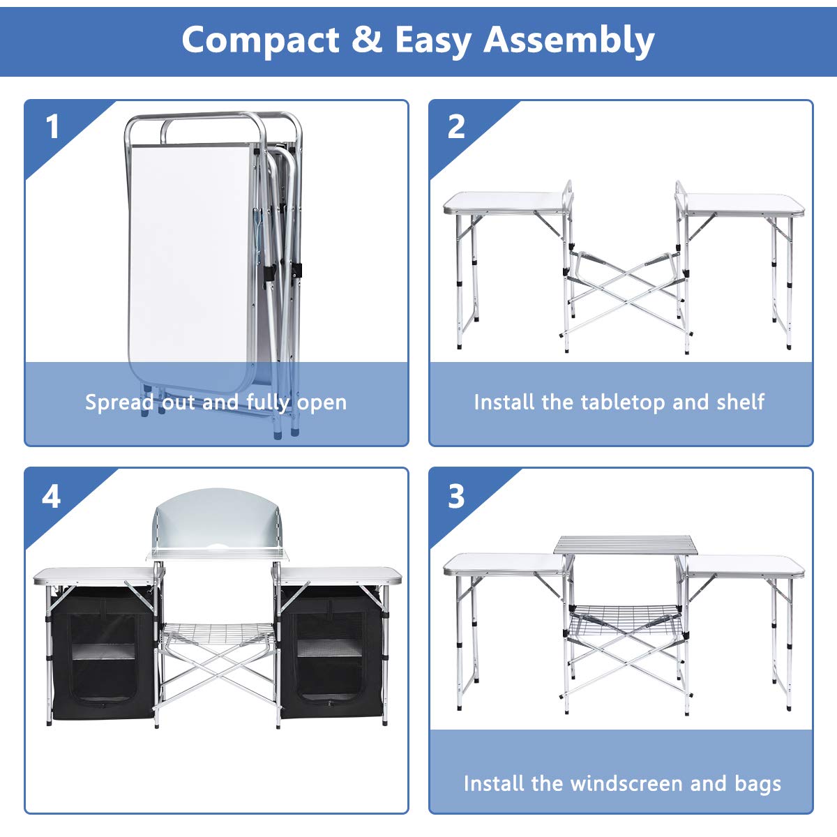 PETSITE Portable Camping Kitchen Table with Storage Organizer, Aluminum Windscreen Folding Cooking Table Camp Kitchen Equipment for BBQ, Party and Picnic, Black