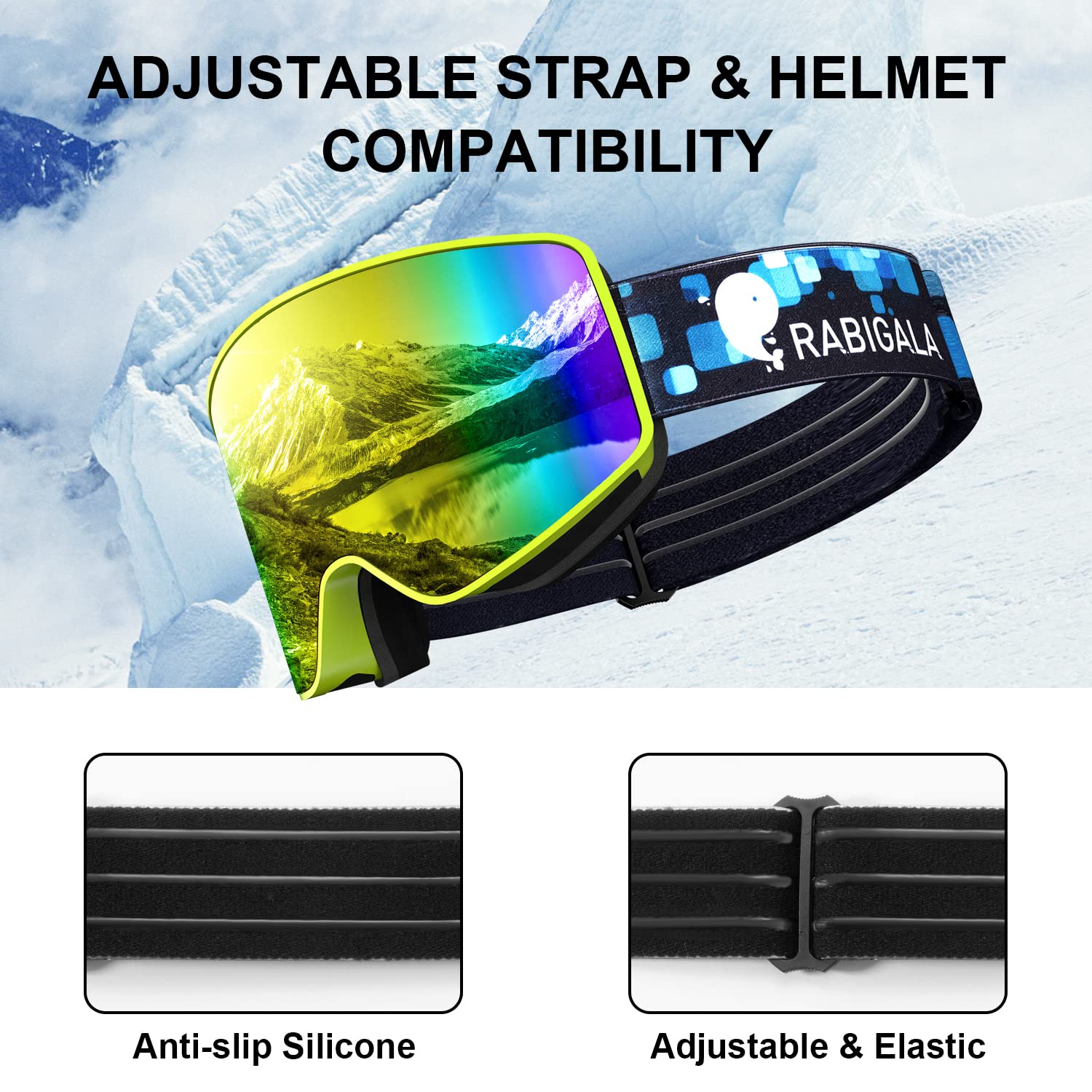 RABIGALA Ski Goggles Snowboard Goggles UV Protection Spherical Anti-fog Frameless Snow Goggles for Men Women Youth Adult (yellow-)