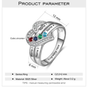 Personalized Mom Daughter Rings Custom Heart Ring with 1-8 Simulated Birthstones Promise Ring Engraved 1-8 Family Name Ring Jewelry Gift for Mother's Day(4 stone)