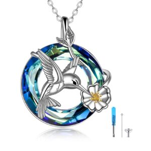 poplyke hummingbird urn necklace for women ashes sterling silver bird pendant cremation ashes necklace with blue crystal for human pets (blue)