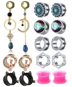 16pcs crystal dangle plugs ear tunnels gauges pendant moon star stainless steel screw silicone rhinestone body piercings stretcher set