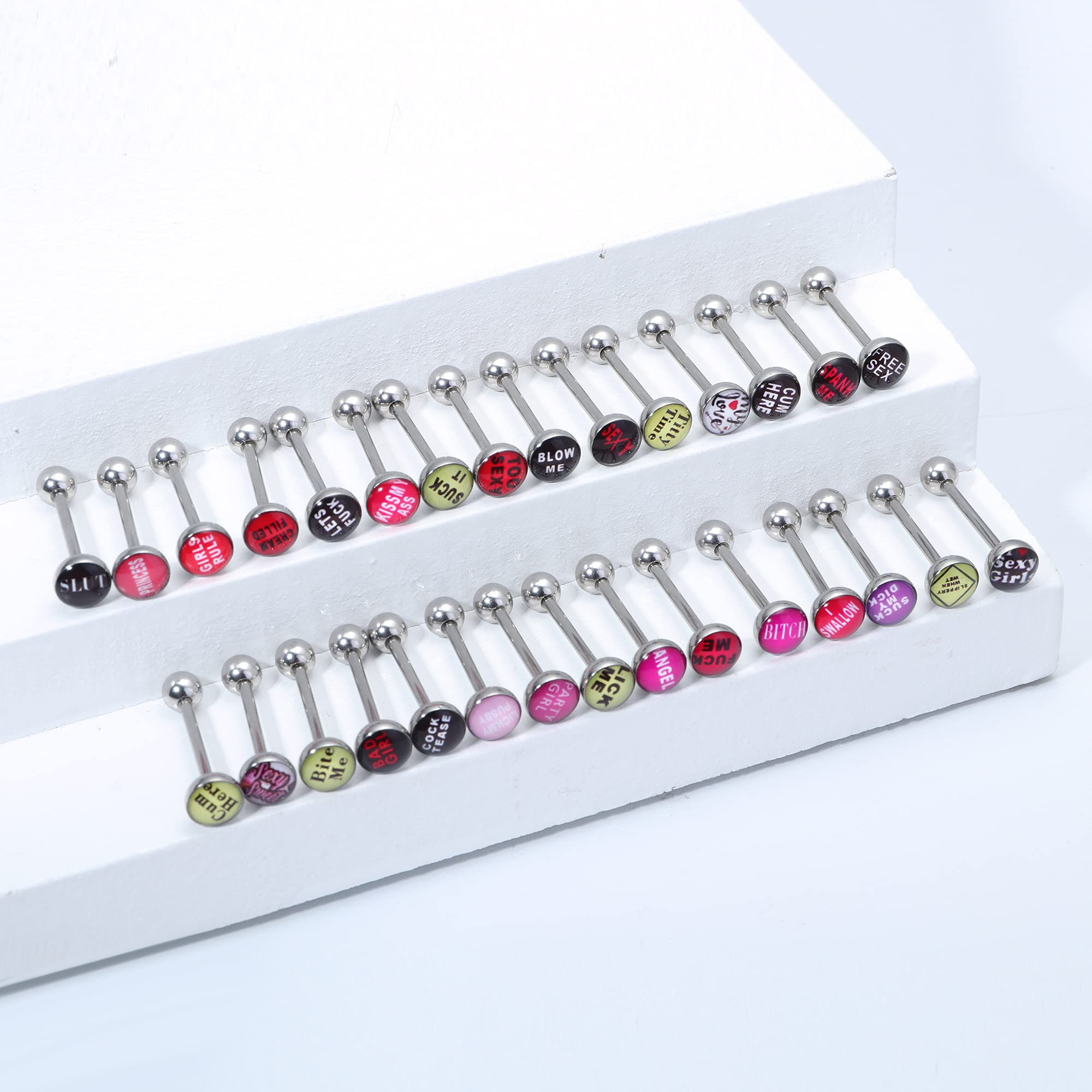 Drperfect 30pcs Fancy Words Pictures Logo Stainless Steel Straight Barbells Tongue Rings Bars Piercing Jewelry