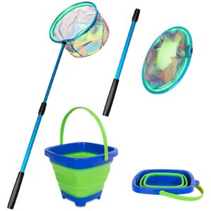 kids fishing net, telescopic landing net with aluminum pole handle, collapsible bucket kids sand pail, butterfly nets for kids fishing net for kids, outdoor play (blue)