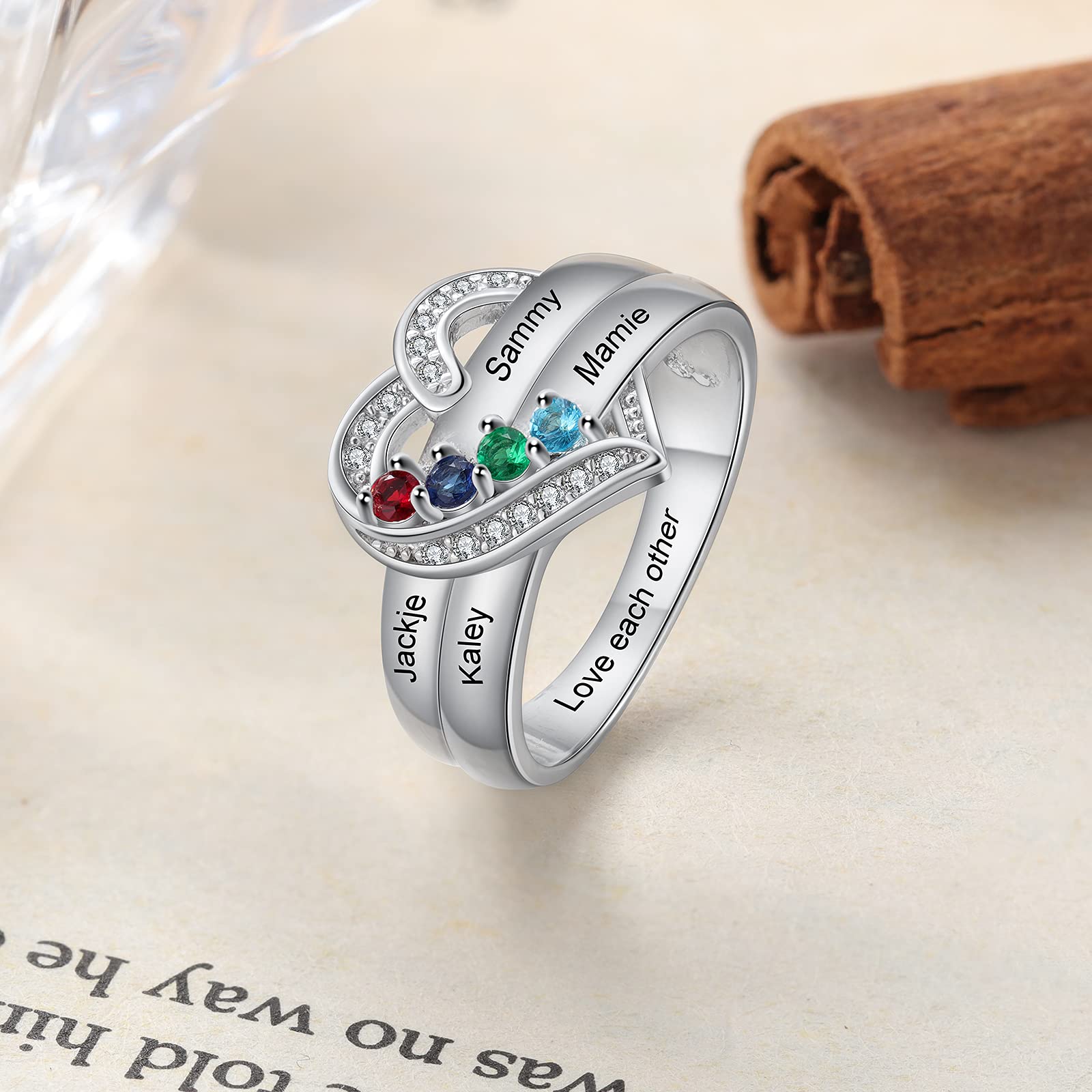 Personalized Mom Daughter Rings Custom Heart Ring with 1-8 Simulated Birthstones Promise Ring Engraved 1-8 Family Name Ring Jewelry Gift for Mother's Day(4 stone)