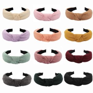 aco-uint 12 pack headbands for women, soft fabric knotted headbands, 12 different solid colors, wide headbands for girls hair accessories, hair styling headband for daily, party, sport, work