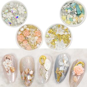 4 boxes 3d rose flower butterfly nail charms acrylic resin 3d crystal rhinestones gems charms nail art stud pearl gold metal rivets for nail art designs accessories supplies diy crafting