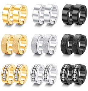 fibo steel 9 pairs non-piercing earrings stainless steel clip on hoop earrings for men women paved cz ear clip