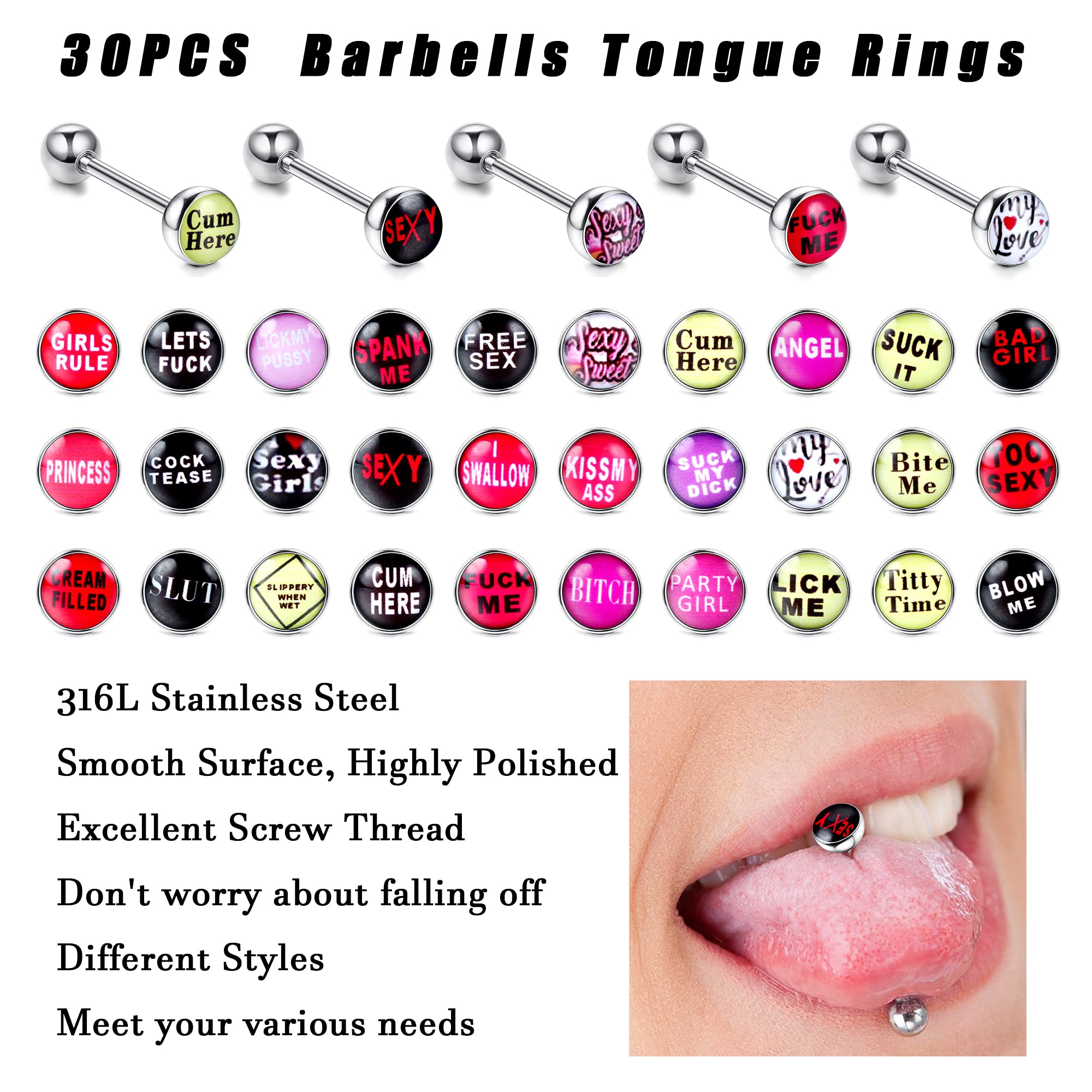 Drperfect 30pcs Fancy Words Pictures Logo Stainless Steel Straight Barbells Tongue Rings Bars Piercing Jewelry