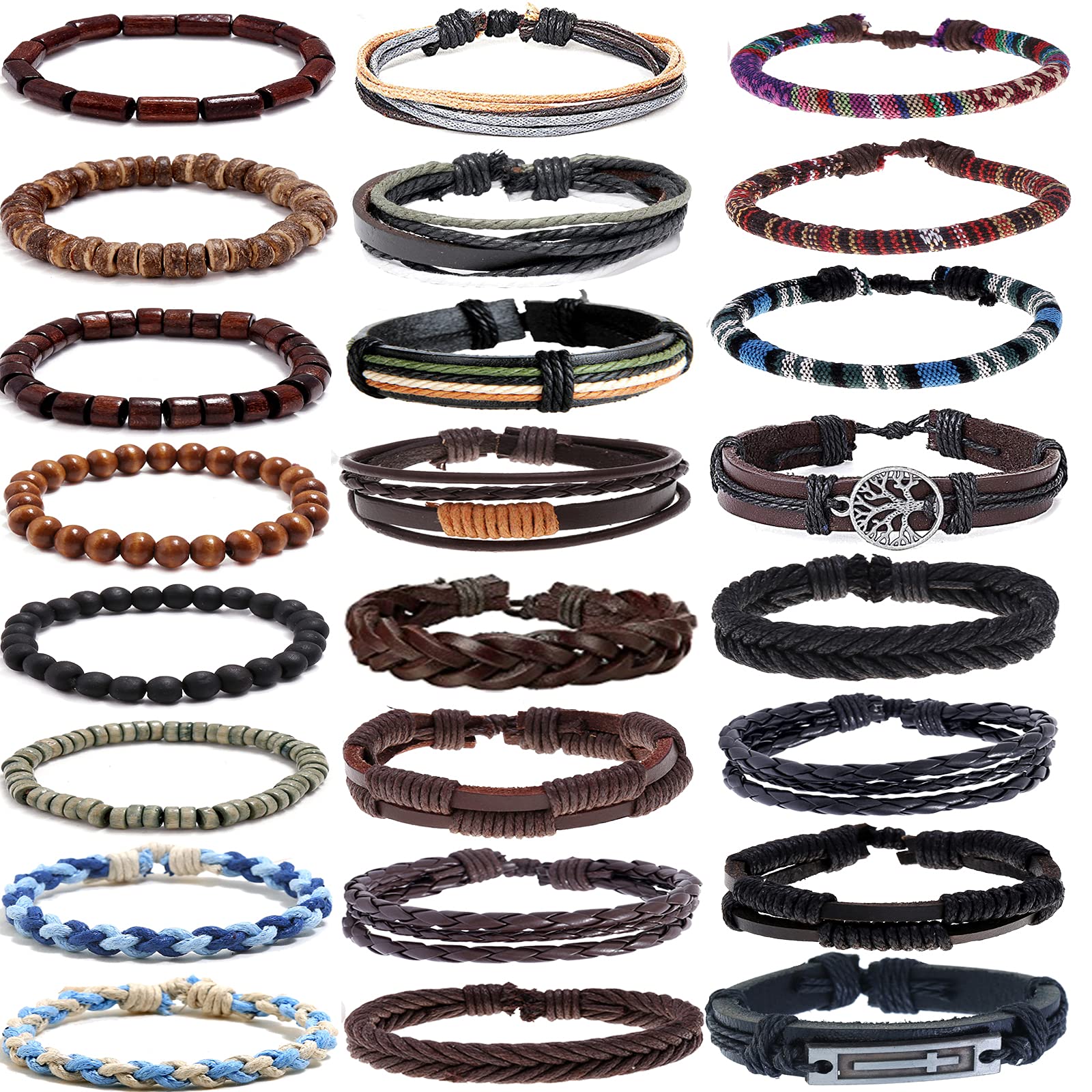 SONNYX 24 PCS Braided Leather Bracelet for Men Women Cool Woven Wrist Cuff Bracelets Hemp Cords Wooden Beads Ethnic Tribal Handmade Wrap Adjustable Wristband Bracelets