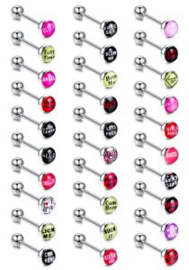 drperfect 30pcs fancy words pictures logo stainless steel straight barbells tongue rings bars piercing jewelry