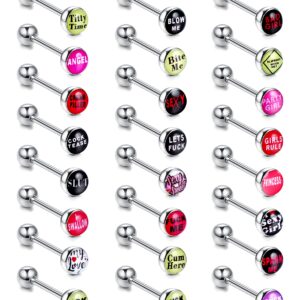 Drperfect 30pcs Fancy Words Pictures Logo Stainless Steel Straight Barbells Tongue Rings Bars Piercing Jewelry