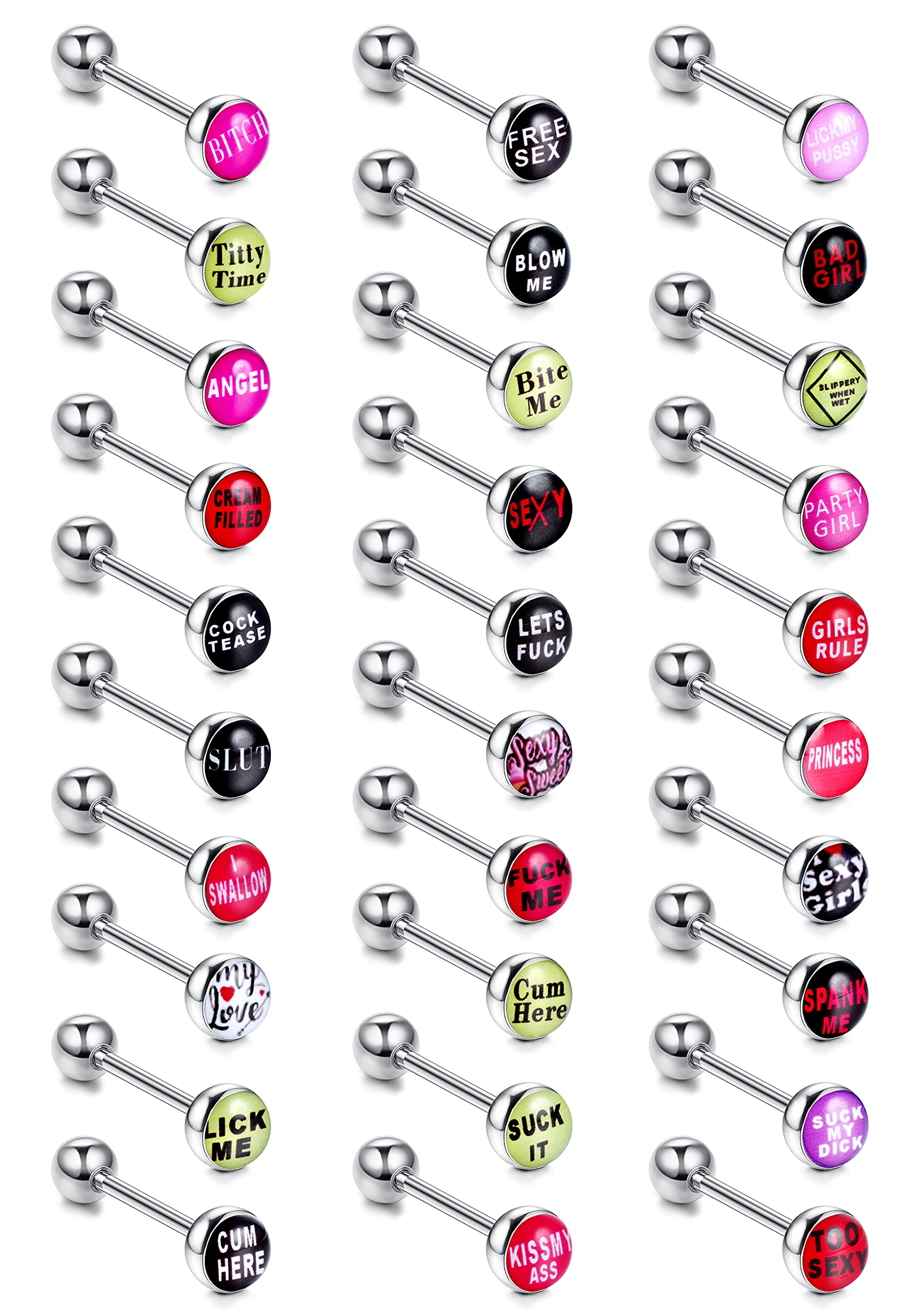 Drperfect 30pcs Fancy Words Pictures Logo Stainless Steel Straight Barbells Tongue Rings Bars Piercing Jewelry