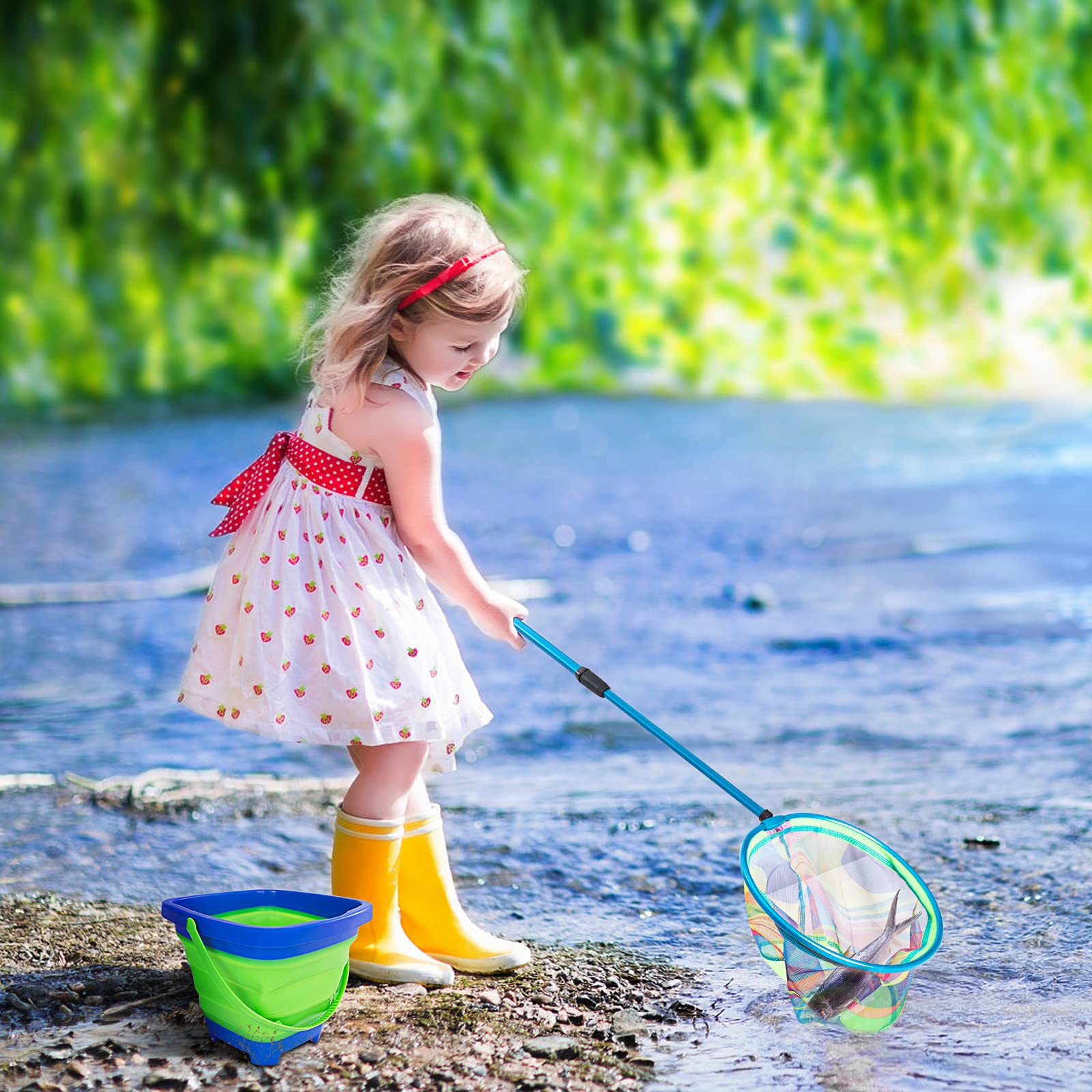 Kids Fishing Net, Telescopic Landing Net with Aluminum Pole Handle, Collapsible Bucket Kids Sand Pail, Butterfly Nets for Kids Fishing Net for Kids, Outdoor Play (Blue)