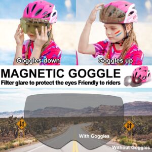 SKT HP Toddler Bike Helmet, Adjustable Helmet for Kids and Youth with Detachable Magnetic Goggles, Bicycle Cycling Skate Scooter Skateboard Helmet for Girls and Boys Pink