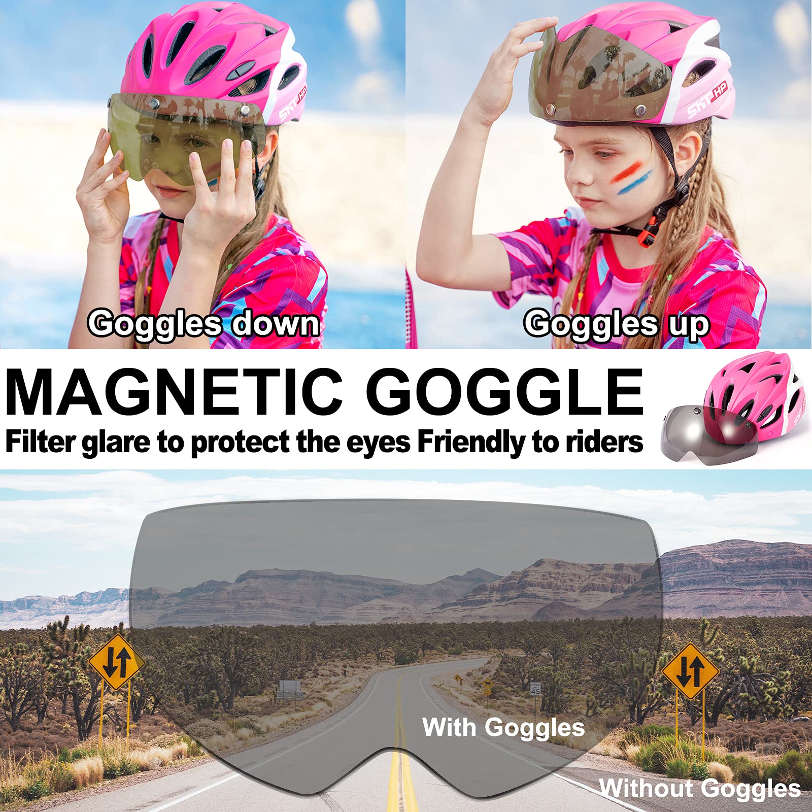 SKT HP Toddler Bike Helmet, Adjustable Helmet for Kids and Youth with Detachable Magnetic Goggles, Bicycle Cycling Skate Scooter Skateboard Helmet for Girls and Boys Pink