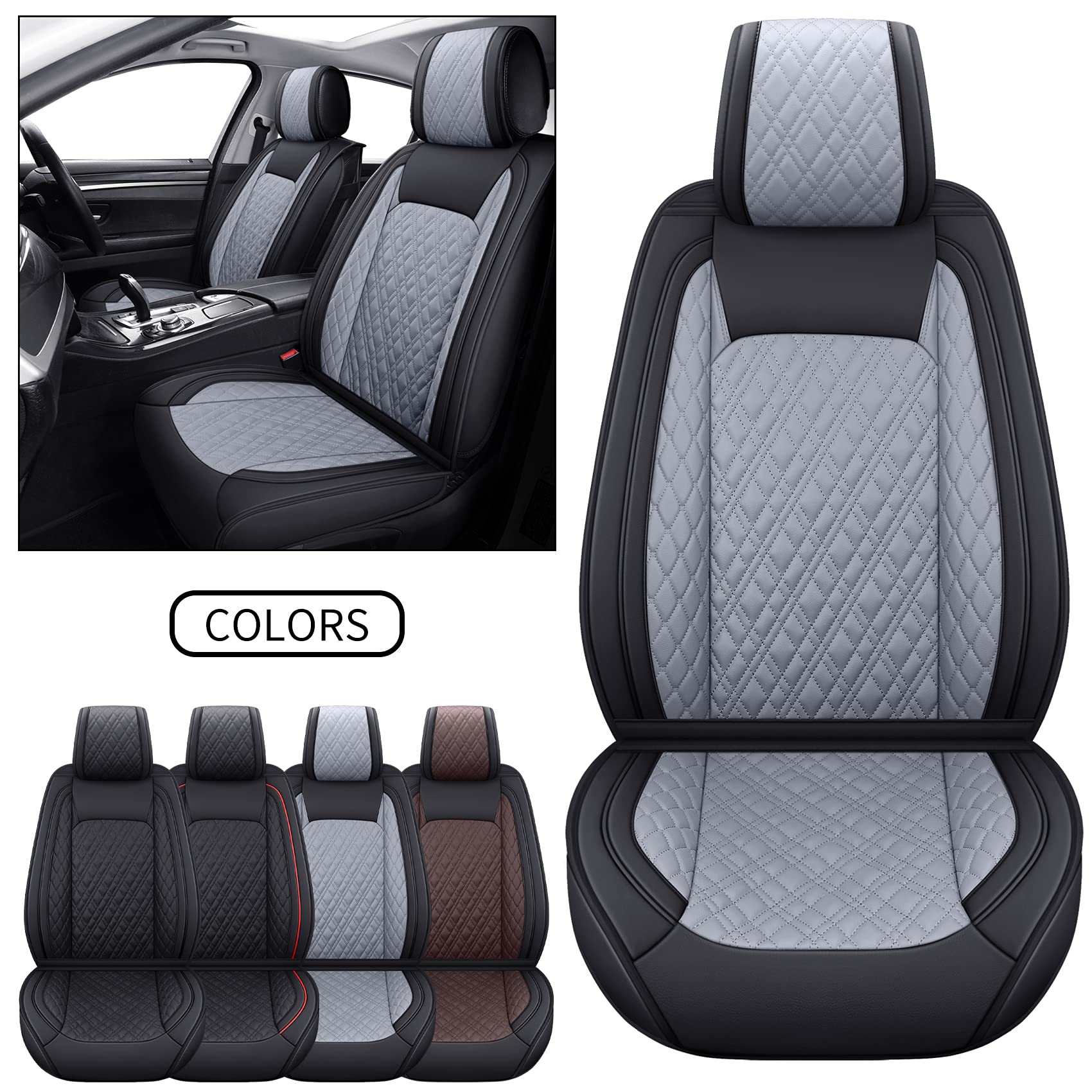 YIERTAI Car Seat Covers Compatible with Toyota Sienna Corolla Rav4 Subaru Baja Mazda CX5 Hyundai Sonata Accent Kona Accent Veloster Jeep Wrangler Cherokee Waterproof Leather(2 PCS Front/Black-Grey)