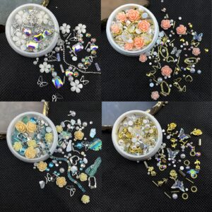 4 Boxes 3D Rose Flower Butterfly Nail Charms Acrylic Resin 3D Crystal Rhinestones Gems Charms Nail Art Stud Pearl Gold Metal Rivets for Nail Art Designs Accessories Supplies DIY Crafting