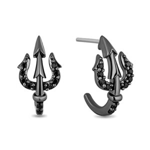 Jewelili Enchanted Disney Fine Jewelry Black Rhodium over Sterling Silver 1/6 Cttw Treated Black Round Diamond Ursula Trident Earrings