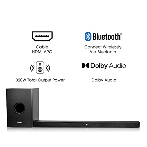 Hisense HS219 2.1ch Sound Bar with Wireless Subwoofer, 320W, Powered by Dolby Audio, One Remote Control, Roku TV Ready, Bluetooth, HDMI ARC/Optical/AUX/USB, 3 EQ Modes