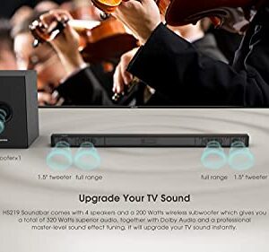 Hisense HS219 2.1ch Sound Bar with Wireless Subwoofer, 320W, Powered by Dolby Audio, One Remote Control, Roku TV Ready, Bluetooth, HDMI ARC/Optical/AUX/USB, 3 EQ Modes