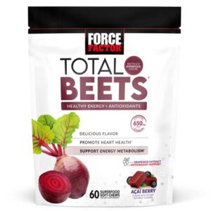 force factor total beets soft chews with beetroot, nitrates, l-citrulline, grapeseed extract, and antioxidants, healthy energy supplement with elite ingredients, heart health superfood, 60 chews