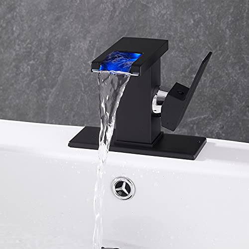 LOOPAN LED Light Bathroom Faucet Waterfall Black One Hole Single Handle Faucet for Bathroom Sink Mount Vanity Faucet Lead-Free for Commercial Residential