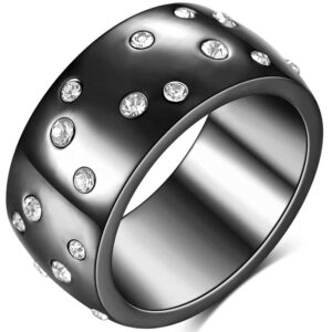 10mm stainless steel chunky strong cubic zircon filled eternity wedding band ring (black, 12)