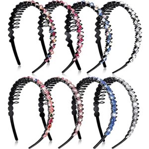 syhood 8 pieces rhinestone teeth comb headbands, non-slip hair band hair accessories for women girl, 2 styles - flower, wave, headband, multicolor, plastic