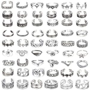 mjust 54pcs open toe rings set for women men adjustable vintage retro knuckle ring toe finger tail ring beach foot jewelry (54pcs)