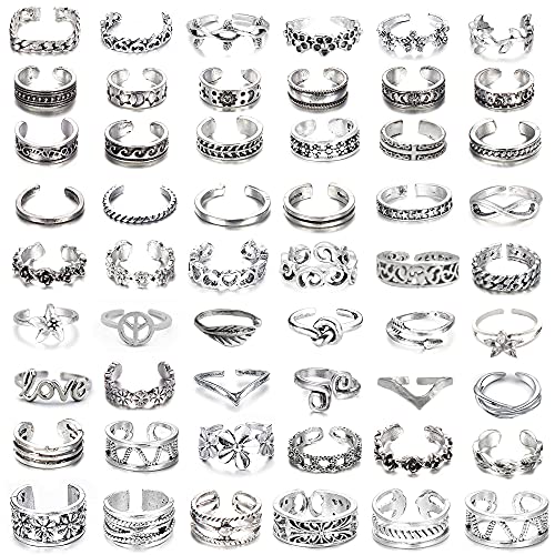 MJust 54Pcs Open Toe Rings Set for Women Men Adjustable Vintage Retro Knuckle Ring Toe Finger Tail Ring Beach Foot Jewelry (54Pcs)