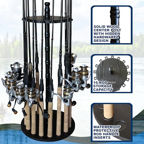 Rush Creek Creations | Fishing Rod Holder for 16 Rods, Fishing Pole Holder for Garage Organization and Storage, for Fishing Reels, Fishing Gear, Fishing Accessories, Tackle Box (360° Access)