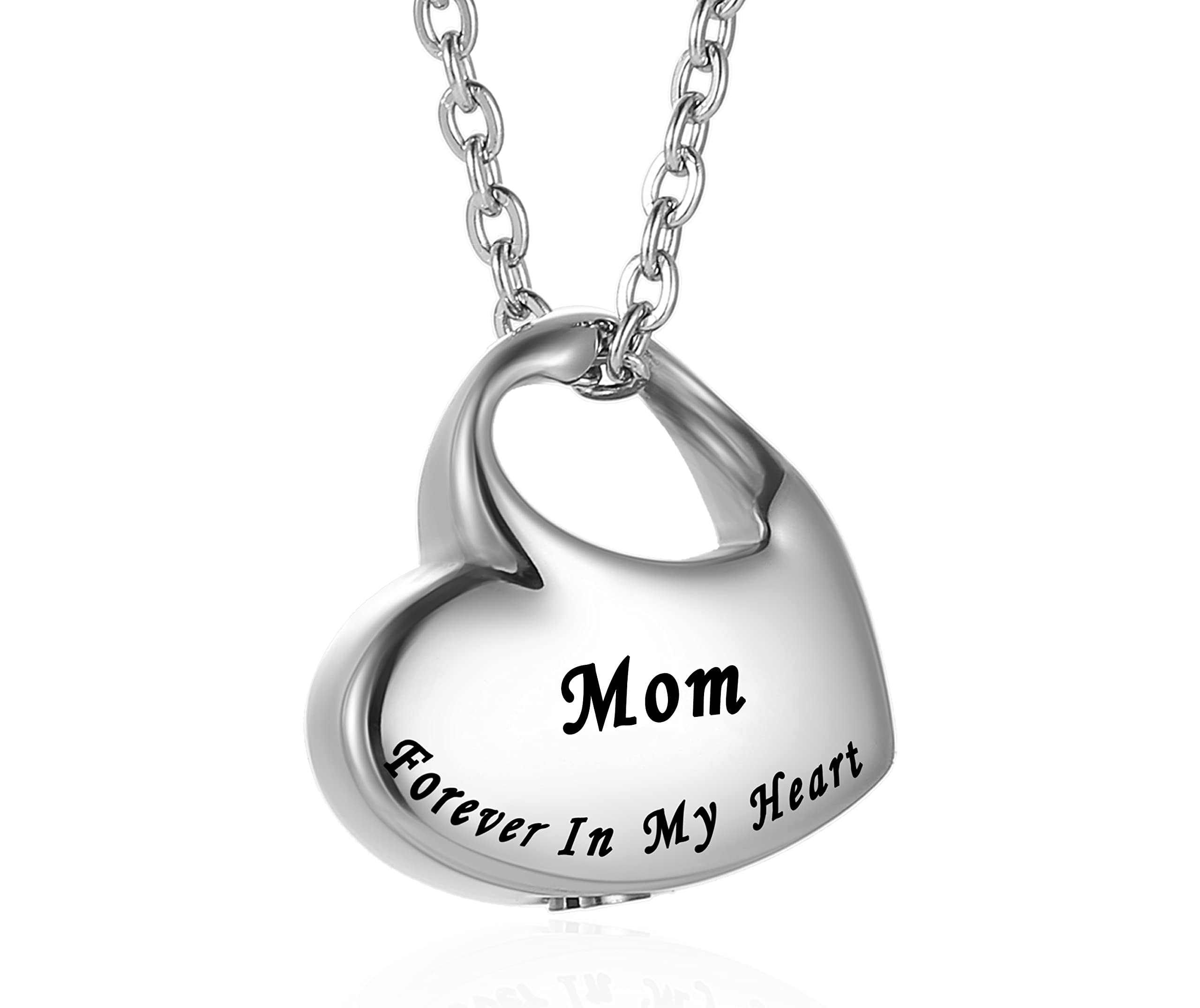 VIUJUH Cremation Urn Necklace for Ashes Urn Jewelry,Forever in My Heart Carved Locket,Stainless Steel Keepsake Waterproof Memorial Pendant for mom& dad Free Filling Kit (Mom)