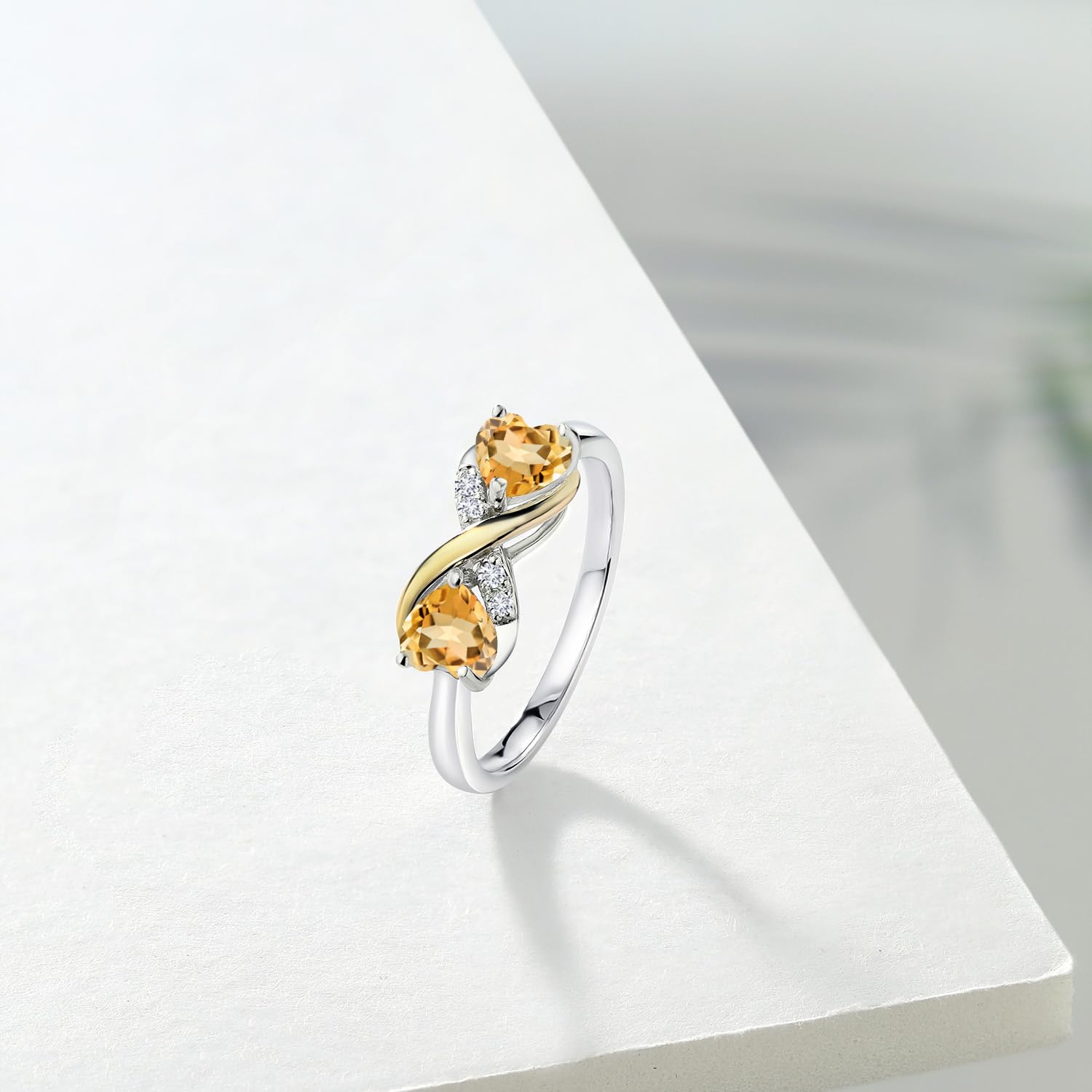 Gem Stone King 925 Sterling Silver and 10K Yellow Gold Yellow Citrine and White Lab Grown Diamond Ring For Women (0.96 Cttw, Heart Shape 5MM, Gemstone Birthstone, Available in size 5, 6, 7, 8, 9)