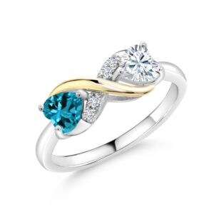 925 silver and 10k yellow gold london blue topaz and forever classic moissanite from charles & colvard women ring (1.09 cttw, heart shape, available in size 5, 6, 7, 8, 9)