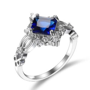 guidecun princess cut women's created blue sapphire rings birthstone solitaire engagement ring filigree zircon wedding ring (us size 8)