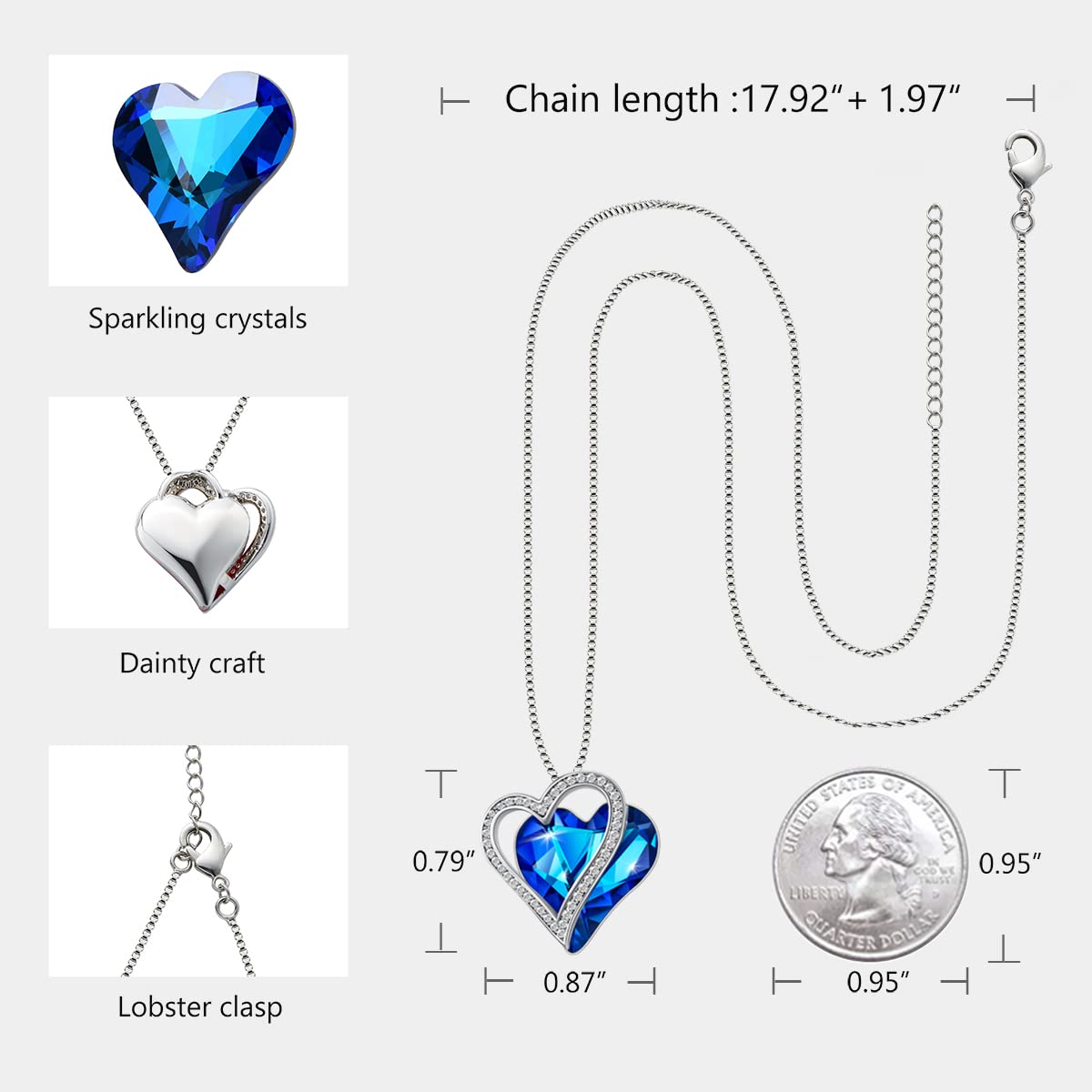 Sumonyo Love Heart Pendant Necklaces for Women Crystals Jewelry Gifts for Women Her Girlfriend Mother's Wife Christmas Birthday Anniversary Valentines Day Sapphire Blue