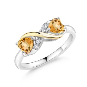 gem stone king 925 sterling silver and 10k yellow gold yellow citrine and white lab grown diamond ring for women (0.96 cttw, heart shape 5mm, gemstone birthstone, available in size 5, 6, 7, 8, 9)