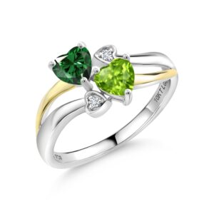 gem stone king 925 silver and 10k yellow gold green nano emerald and green peridot and white lab grown diamond ring for women (1.02 cttw, may birthstone, heart shape 5mm, size 8)