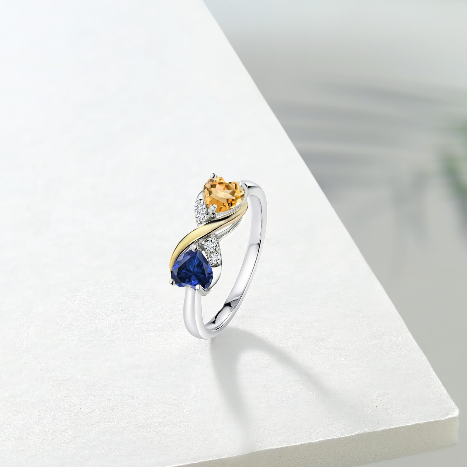 Gem Stone King 925 Silver and 10K Yellow Gold Yellow Citrine Blue Created Sapphire and White Lab Grown Diamond Ring (1.00 Cttw, Gemstone Birthstone, Available In Size 5, 6, 7, 8, 9)