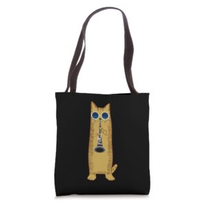 cool cat playing the clarinet design hippy hipster kitty tote bag