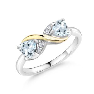 gem stone king 925 sterling silver and 10k yellow gold sky blue aquamarine and white lab grown diamond ring for women | 0.87 cttw | heart shape 5mm | available in size 7, 8, 9, 10, 11, 12, 13