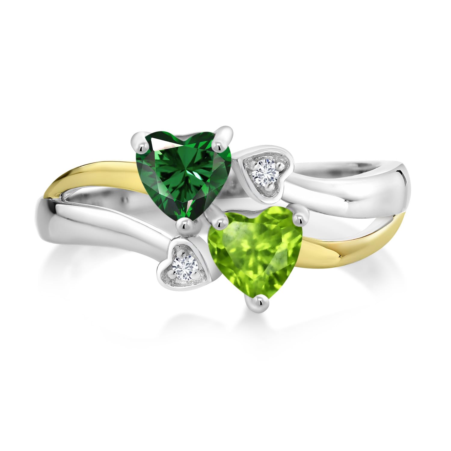 Gem Stone King 925 Silver and 10K Yellow Gold Green Nano Emerald and Green Peridot and White Lab Grown Diamond Ring For Women (1.02 Cttw, May Birthstone, Heart Shape 5MM, Size 8)